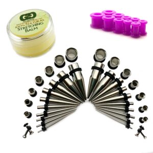 never86 ultimate starter kit | 20pc 316l steel tapers 16g-00g | 18pc stainless steel 316l ear tunnels 14g-00g kit expander set |gauge gear ear stretching balm | purple silicone ear tunnel set 6g-00g