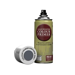 the army painter color primer spray paint, uniform grey, 400ml, 13.5oz - acrylic spray undercoat for miniature painting - spray primer for plastic miniatures