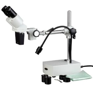 amscope se400-y professional binocular stereo microscope, wf10x and wf15x eyepieces, 10x and 15x magnification, 1x objective, led lighting, boom-arm stand, 110v-120v