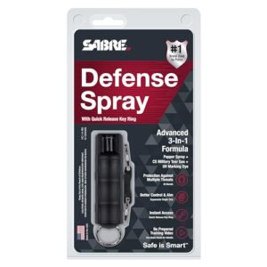 SABRE Defense Spray, 3-in-1 Formula Contains Max Strength Pepper Spray, CS Military Tear Gas & UV Marking Dye, Quick Release Key Ring for Easy Carry, Finger Grip for More Accurate Aim, 0.54 fl oz