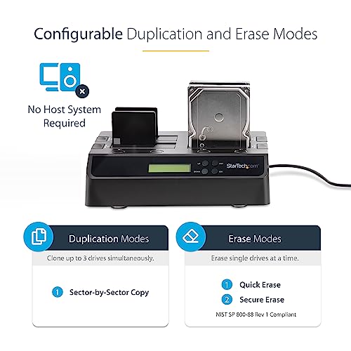 StarTech.com 4-Bay Hard Drive Duplicator and Eraser, External Standalone 1:3 HDD/SSD Cloner/Copier, USB 3.0 / eSATA to SATA Docking Station, Hard Disk Copier / Sanitizer / Wiper Tool (SATDOCK4U3RE)