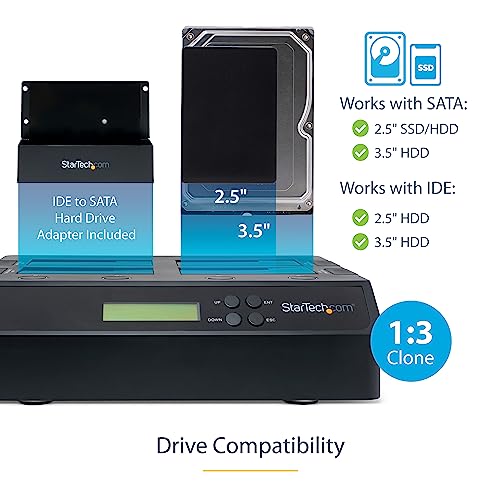 StarTech.com 4-Bay Hard Drive Duplicator and Eraser, External Standalone 1:3 HDD/SSD Cloner/Copier, USB 3.0 / eSATA to SATA Docking Station, Hard Disk Copier / Sanitizer / Wiper Tool (SATDOCK4U3RE)