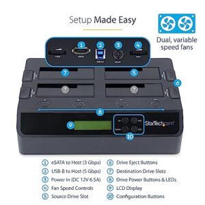 StarTech.com 4-Bay Hard Drive Duplicator and Eraser, External Standalone 1:3 HDD/SSD Cloner/Copier, USB 3.0 / eSATA to SATA Docking Station, Hard Disk Copier / Sanitizer / Wiper Tool (SATDOCK4U3RE)