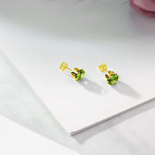 Gem Stone King Natural Green Peridot Earrings | Round 6MM | 1.60 Cttw | Gemstone Birthstone | Yellow Gold Plated Stud Earrings for Women