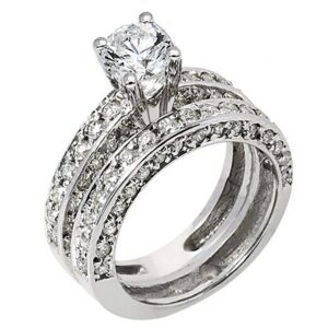 14k white gold round & pave diamond engagement ring wedding band set 2.31 carats