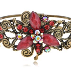 Alilang Womens Antique Golden Tone Red Rhinestone Floral Lily Poinsettia Flower Bangle Cuff Bracelet