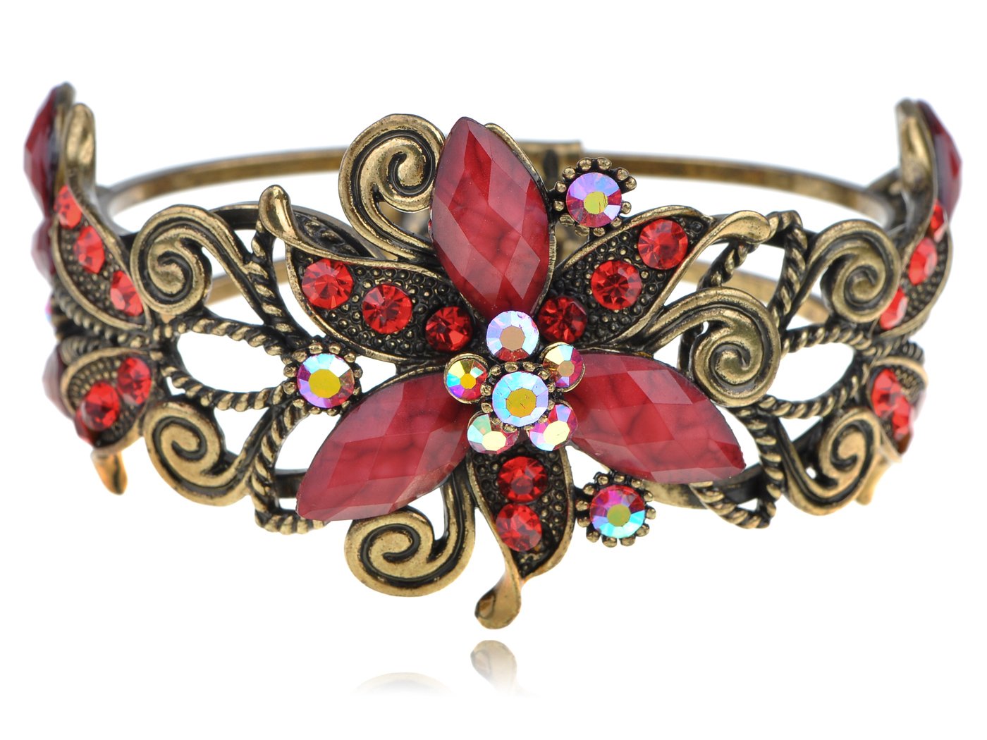 Alilang Womens Antique Golden Tone Red Rhinestone Floral Lily Poinsettia Flower Bangle Cuff Bracelet