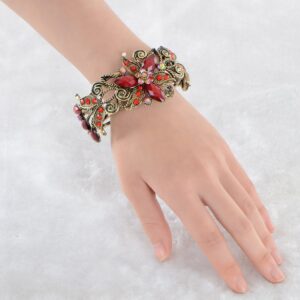 Alilang Womens Antique Golden Tone Red Rhinestone Floral Lily Poinsettia Flower Bangle Cuff Bracelet