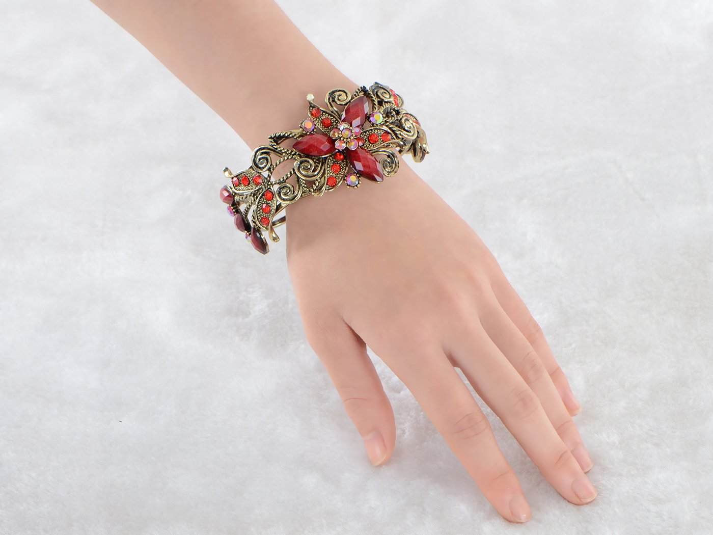 Alilang Womens Antique Golden Tone Red Rhinestone Floral Lily Poinsettia Flower Bangle Cuff Bracelet