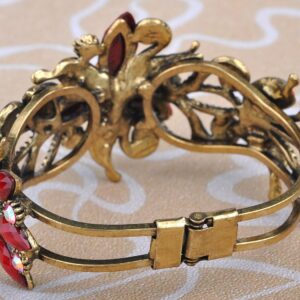 Alilang Womens Antique Golden Tone Red Rhinestone Floral Lily Poinsettia Flower Bangle Cuff Bracelet