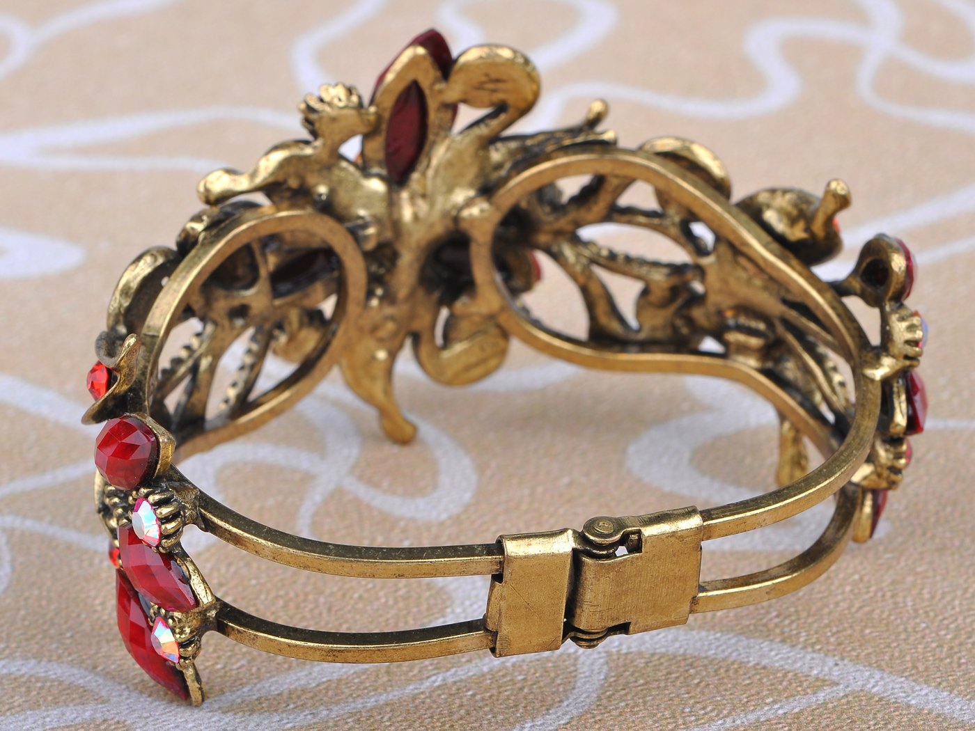 Alilang Womens Antique Golden Tone Red Rhinestone Floral Lily Poinsettia Flower Bangle Cuff Bracelet