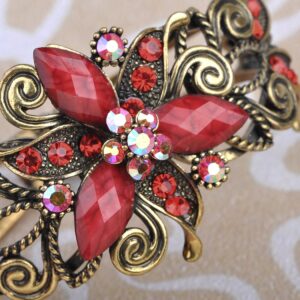 Alilang Womens Antique Golden Tone Red Rhinestone Floral Lily Poinsettia Flower Bangle Cuff Bracelet