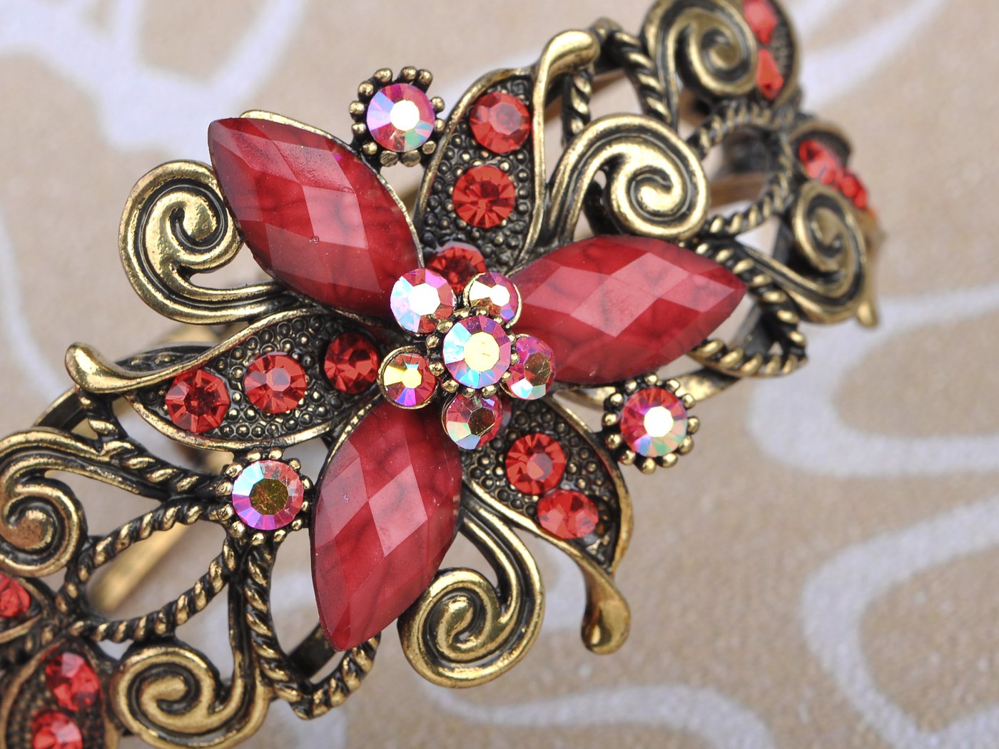 Alilang Womens Antique Golden Tone Red Rhinestone Floral Lily Poinsettia Flower Bangle Cuff Bracelet