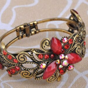 Alilang Womens Antique Golden Tone Red Rhinestone Floral Lily Poinsettia Flower Bangle Cuff Bracelet