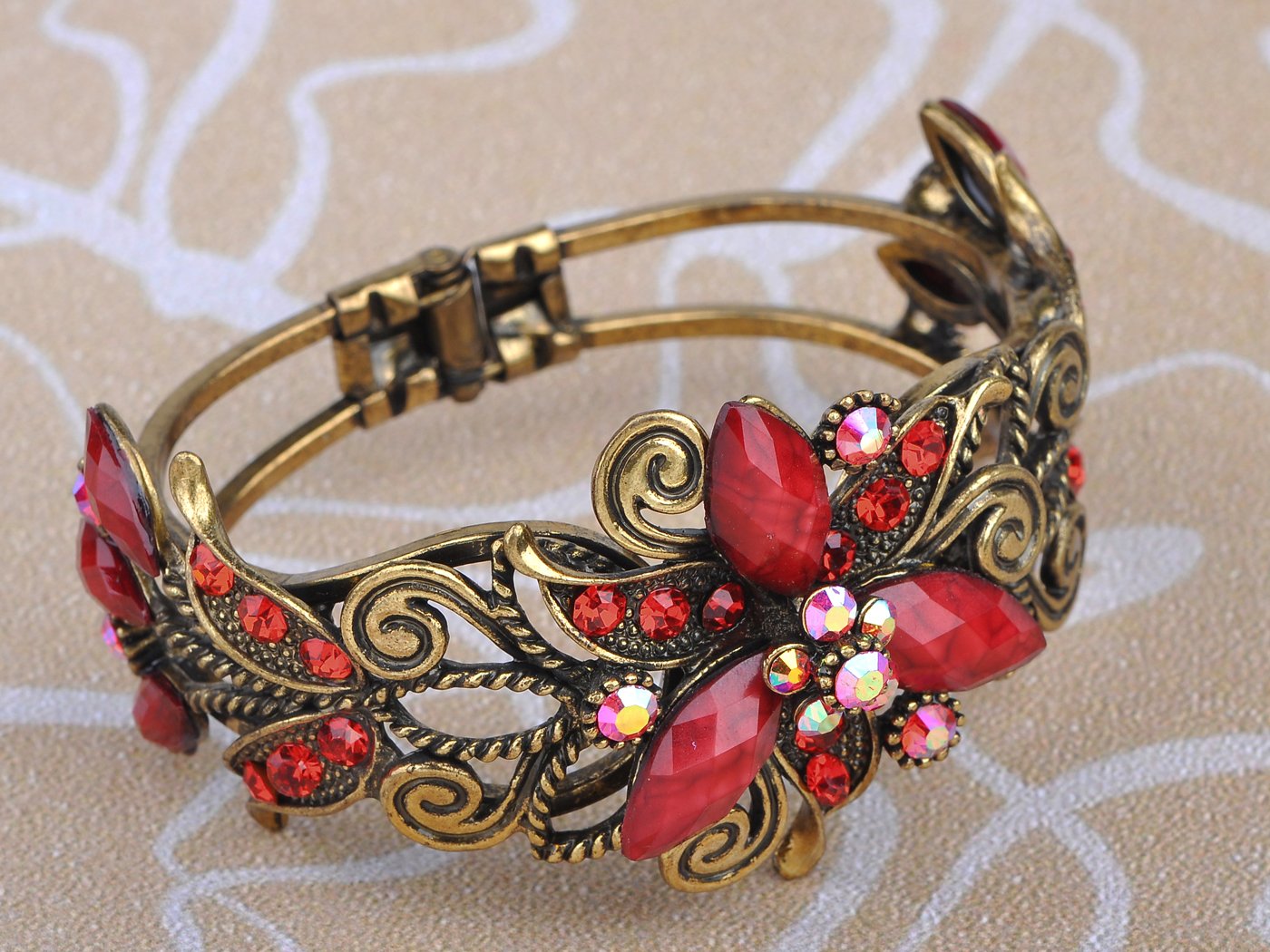 Alilang Womens Antique Golden Tone Red Rhinestone Floral Lily Poinsettia Flower Bangle Cuff Bracelet