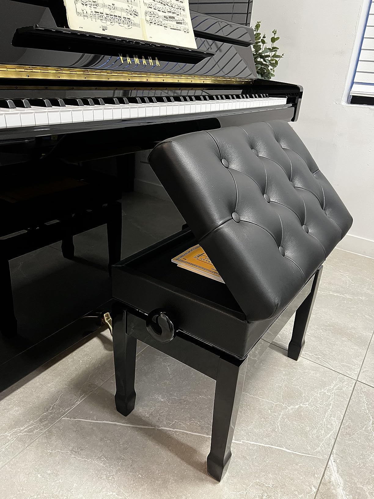 CPS Imports Genuine Leather Adjustable Artist Piano Bench Stool in Ebony with Music Storage