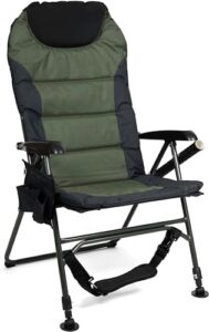 earth executive folding fishing chair, ultimate comfort with reclining feature, sleek design, and adjustable extending legs, ideal for fishing, camping, picnics, sporting events, and tailgates