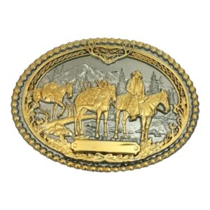 montana silversmiths southwest collection attitude western belt buckle (pack horses and rider two tone silver/gold)