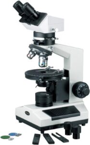 amscope pz200ba polarizing binocular microscope, wf10x and wf16x eyepieces, 40x-640x magnification, strain-free plan achromatic objectives, polarizing and brightfield configurations, halogen illumination, bertrand lens, abbe condenser, round graduated sta