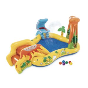 intex inflatable dinosaur play center outdoor playhouse inflatable water park with kid pool slide, water sprayer, waterfall, and 6 balls, multicolor