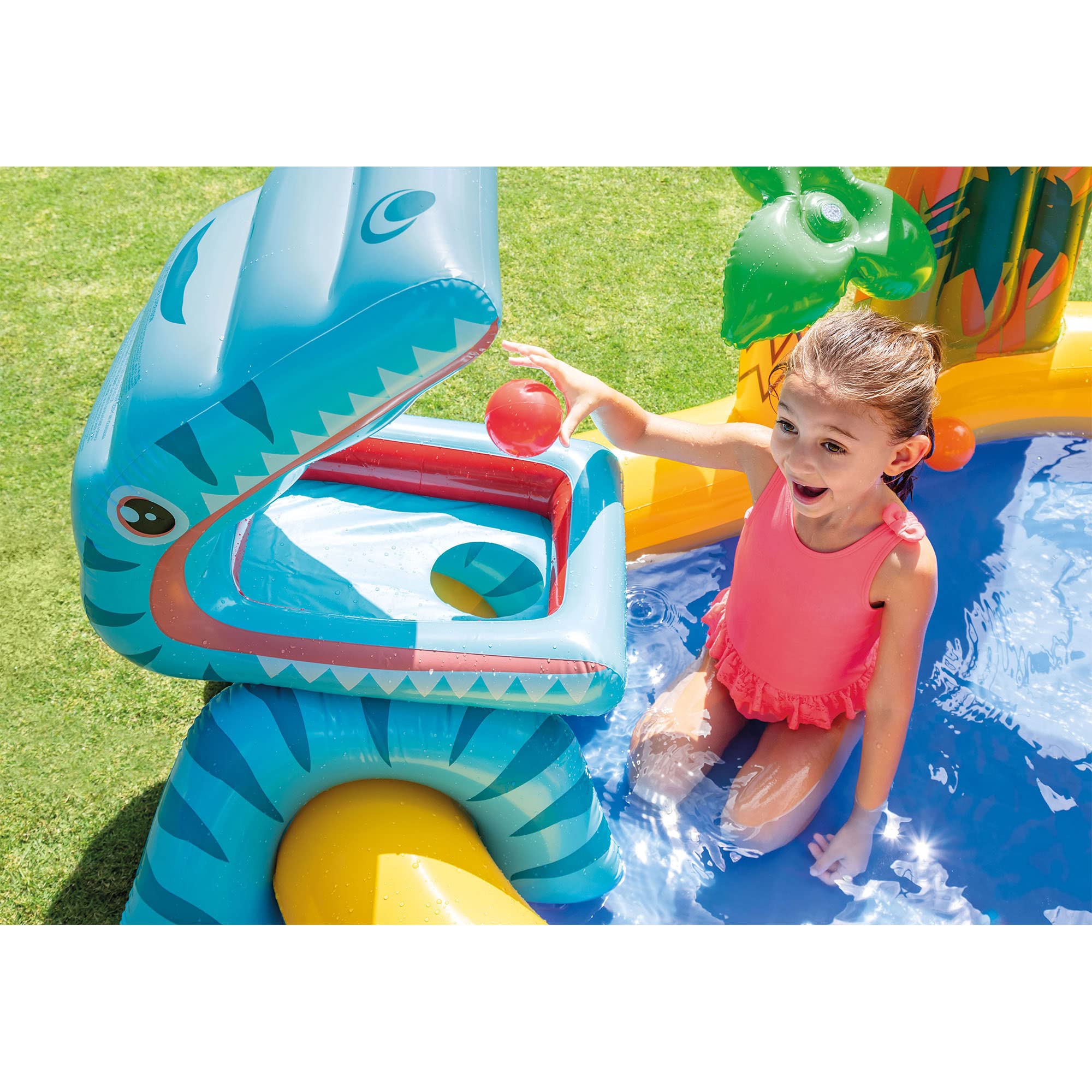 Intex Inflatable Dinosaur Play Center Outdoor Playhouse Inflatable Water Park with Kid Pool Slide, Water Sprayer, Waterfall, and 6 Balls, Multicolor