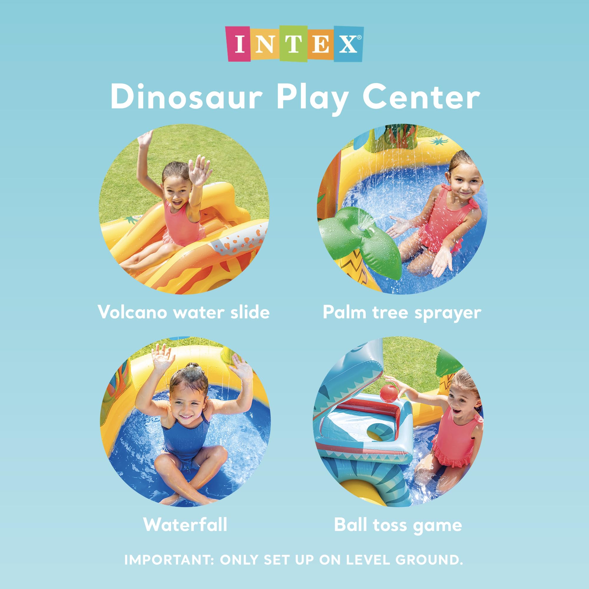 Intex Inflatable Dinosaur Play Center Outdoor Playhouse Inflatable Water Park with Kid Pool Slide, Water Sprayer, Waterfall, and 6 Balls, Multicolor