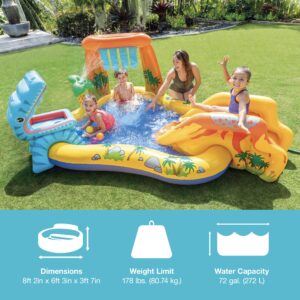 Intex Inflatable Dinosaur Play Center Outdoor Playhouse Inflatable Water Park with Kid Pool Slide, Water Sprayer, Waterfall, and 6 Balls, Multicolor