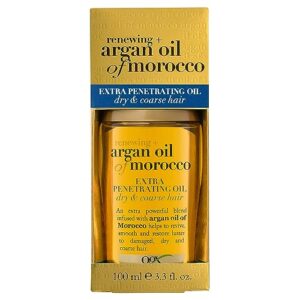 ogx extra strength argan oil hair treatment, 3.3 fl oz - deep moisturizing serum for dry, damaged & coarse hair, paraben & sulfate-free