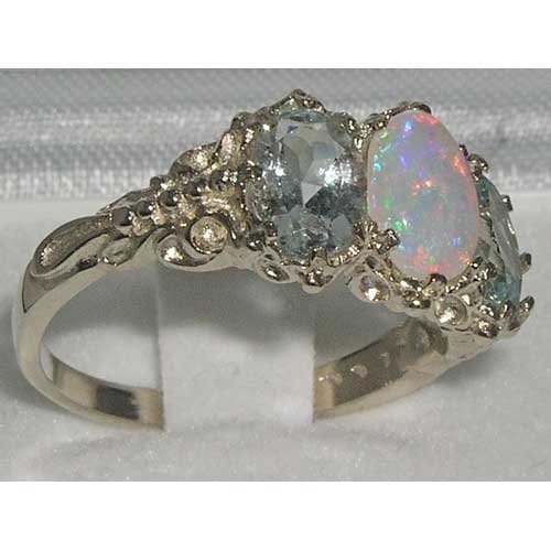 LetsBuyGold 925 Sterling Silver Real Genuine Opal and Aquamarine Womens Anniversary Ring - Size 8