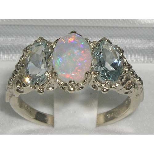 LetsBuyGold 925 Sterling Silver Real Genuine Opal and Aquamarine Womens Anniversary Ring - Size 8