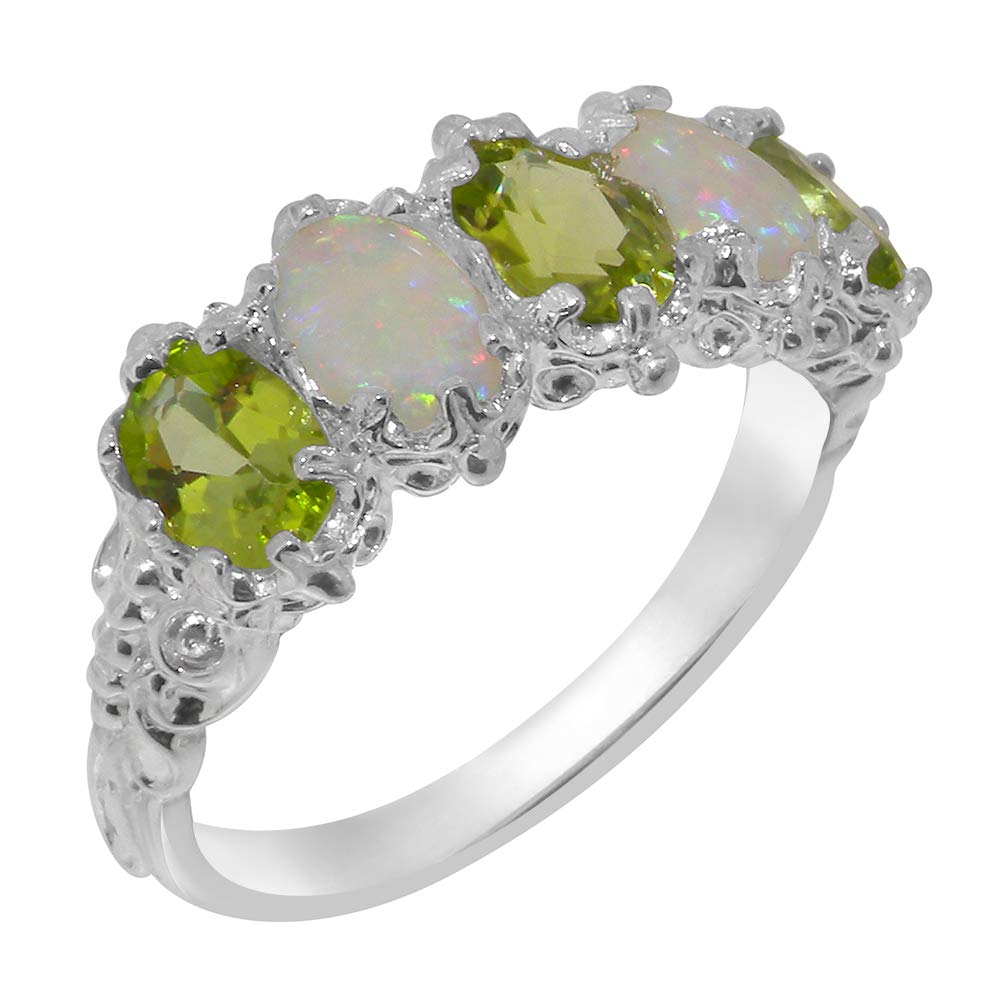 LetsBuyGold 925 Sterling Silver Real Genuine Peridot and Opal Womens Anniversary Ring - Size 8