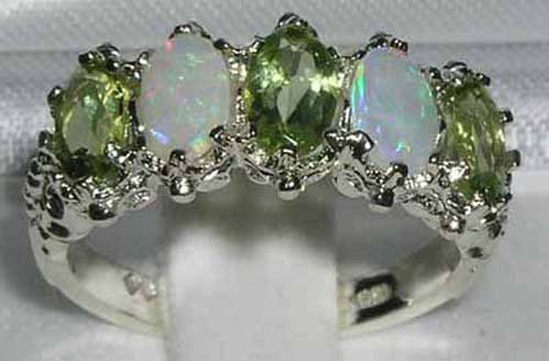 LetsBuyGold 925 Sterling Silver Real Genuine Peridot and Opal Womens Anniversary Ring - Size 8