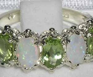 LetsBuyGold 925 Sterling Silver Real Genuine Peridot and Opal Womens Anniversary Ring - Size 8