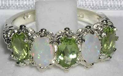 LetsBuyGold 925 Sterling Silver Real Genuine Peridot and Opal Womens Anniversary Ring - Size 8