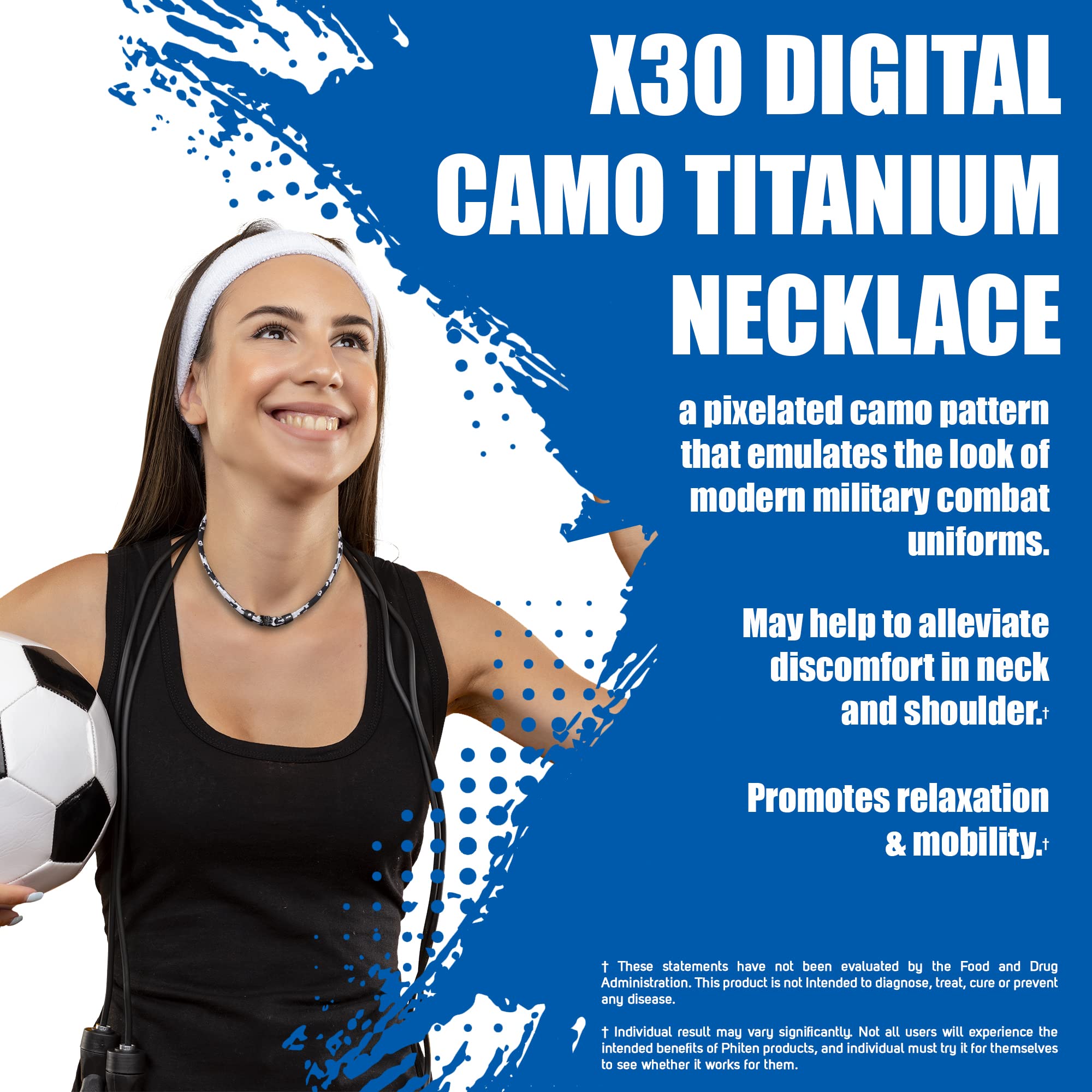 Phiten X30 Digital Camo Titanium Necklace - Sport Necklace Permeated with X30 Aqua-Titanium Technology for Neck and Shoulder Tension - Power Elastomer Core with Micro Titanium Spheres -