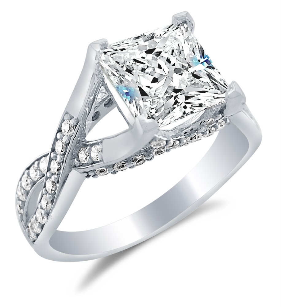 Size 7.5 - Solid 14k White Gold Princess Cut Solitaire with Round Side Stones CZ Cubic Zirconia Engagement Ring 2.5ct.