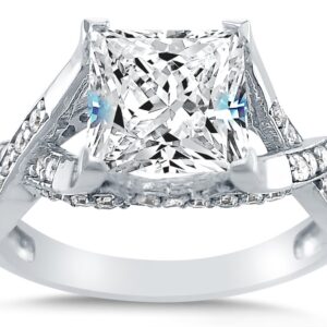 Size 7.5 - Solid 14k White Gold Princess Cut Solitaire with Round Side Stones CZ Cubic Zirconia Engagement Ring 2.5ct.