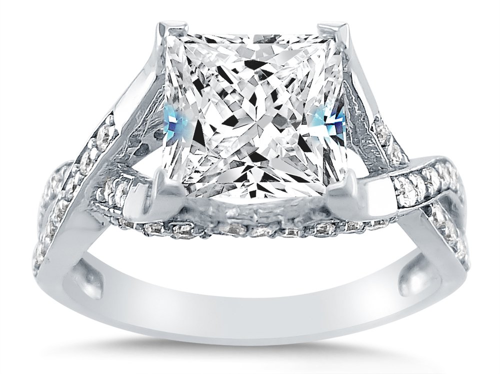 Size 7.5 - Solid 14k White Gold Princess Cut Solitaire with Round Side Stones CZ Cubic Zirconia Engagement Ring 2.5ct.