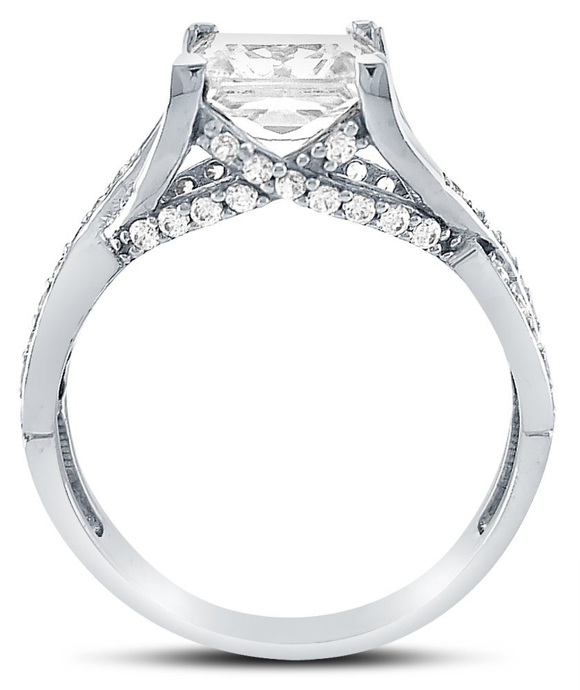 Size 7.5 - Solid 14k White Gold Princess Cut Solitaire with Round Side Stones CZ Cubic Zirconia Engagement Ring 2.5ct.