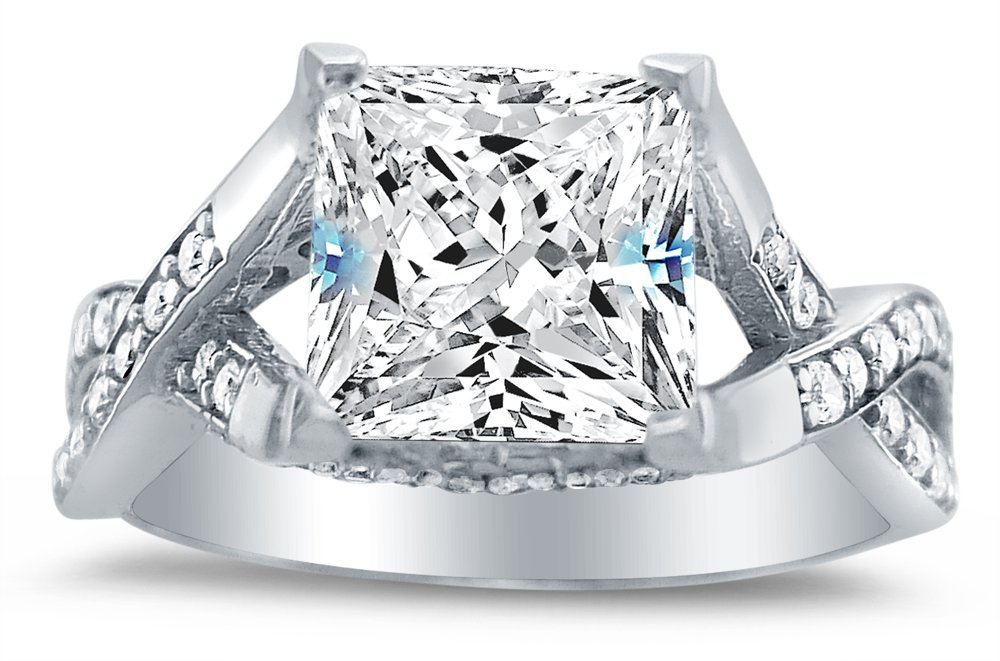 Size 7.5 - Solid 14k White Gold Princess Cut Solitaire with Round Side Stones CZ Cubic Zirconia Engagement Ring 2.5ct.