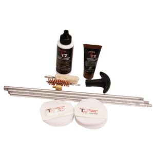 thompson center t17 black powder cleaning kit with collapsible cleaning rod, t17 natural lube, bore cleaner solvent, breech plug grease, .50 cal jag, and cleaning patches for muzzleloader maintenance