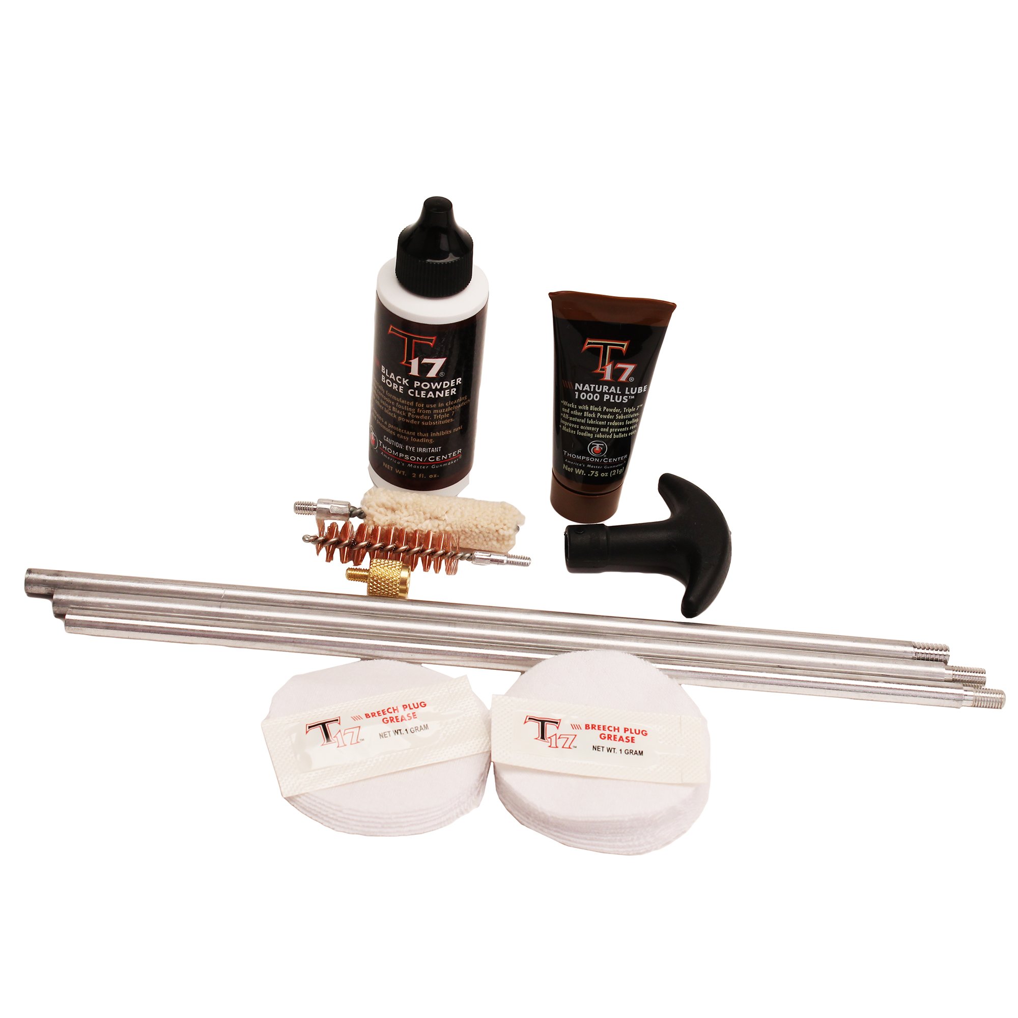 Thompson Center T17 Black Powder Cleaning Kit with Collapsible Cleaning Rod, T17 Natural Lube, Bore Cleaner Solvent, Breech Plug Grease, .50 Cal Jag, and Cleaning Patches for Muzzleloader Maintenance