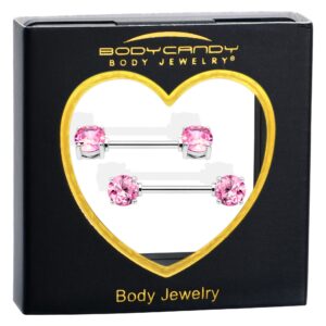 Body Candy Stainless Steel Pink Accent Barbell Nipple Ring Set 14 Gauge 9/16"