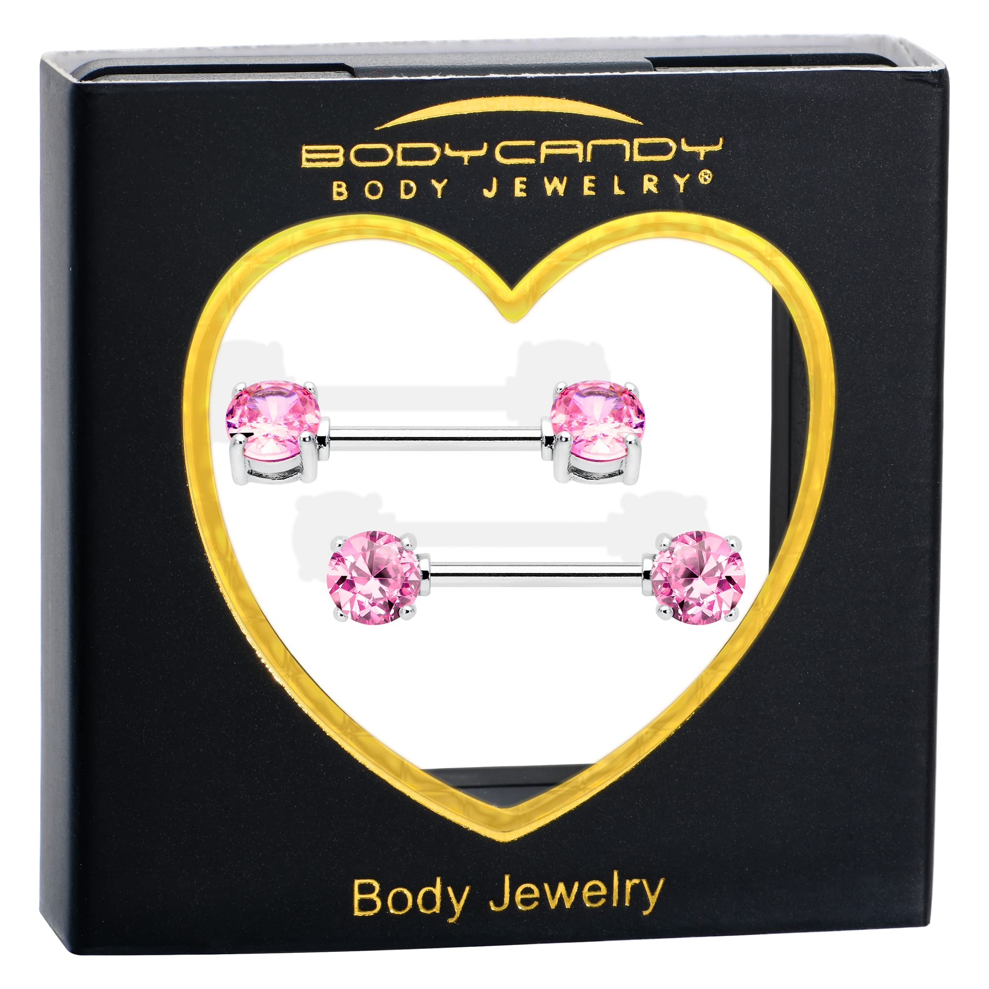 Body Candy Stainless Steel Pink Accent Barbell Nipple Ring Set 14 Gauge 9/16"