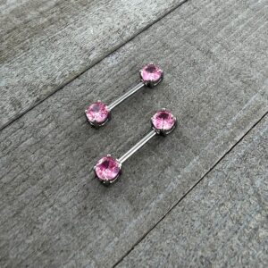 Body Candy Stainless Steel Pink Accent Barbell Nipple Ring Set 14 Gauge 9/16"