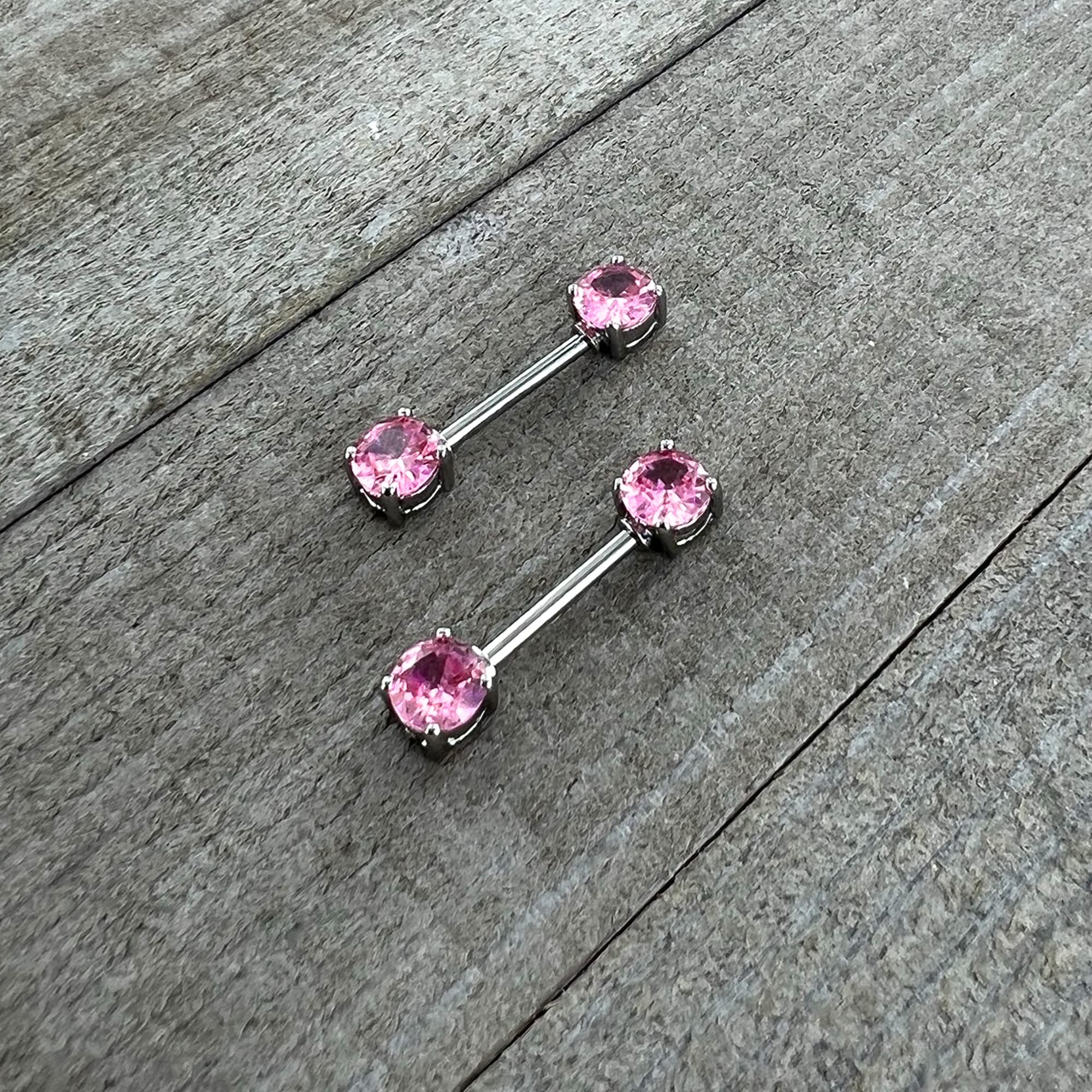 Body Candy Stainless Steel Pink Accent Barbell Nipple Ring Set 14 Gauge 9/16"