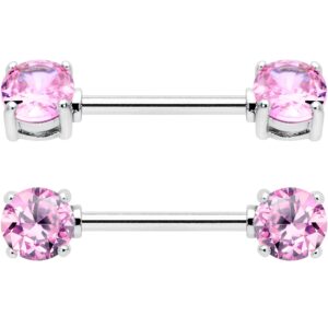 Body Candy Stainless Steel Pink Accent Barbell Nipple Ring Set 14 Gauge 9/16"