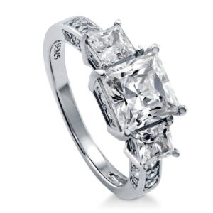 berricle sterling silver 3-stone wedding engagement rings princess cut cubic zirconia cz ring for women, rhodium plated size 7.5