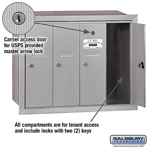 Salsbury Industries 3504ARU Recessed Mounted Vertical Mailbox with 4 Doors and USPS Access, Aluminum