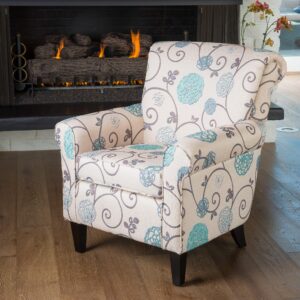 Christopher Knight Home Roseville Blue Floral Accent Lounge Chair, Decorative Club Chair, Wood, in Blue Flower and Vines Pattern